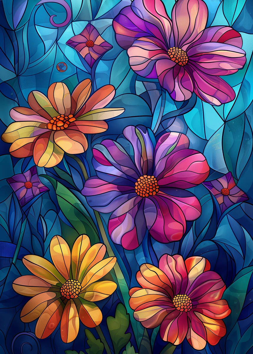 'Stained Glass Flowers ' Poster, picture, metal print, paint by PRX ...