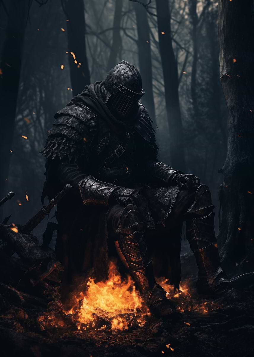 'Knight resting at Bonfire' Poster, picture, metal print, paint by ...