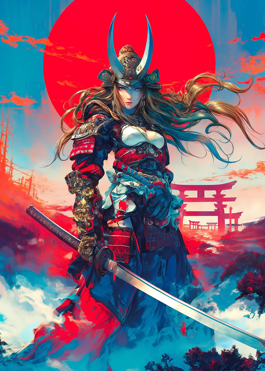 'Ancient Samurai Heroine' Poster, picture, metal print, paint by Sakura Shadows | Displate