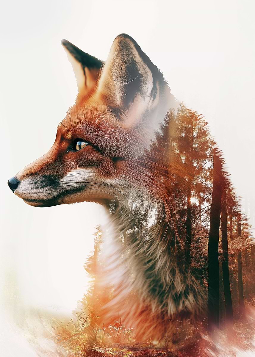 'Fox Double Exposure Nature' Poster, picture, metal print, paint by ...