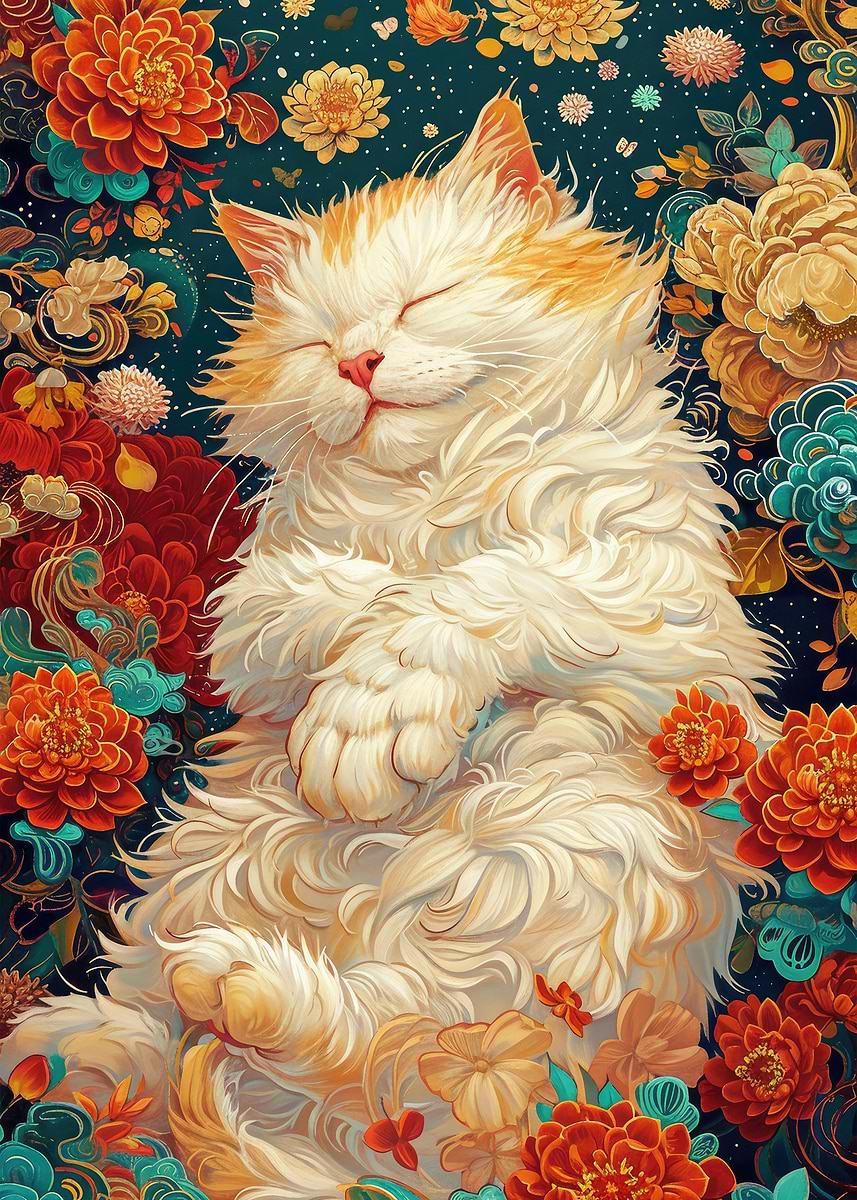 'Cat Nap in Bloom' Poster, picture, metal print, paint by Sakumi | Displate
