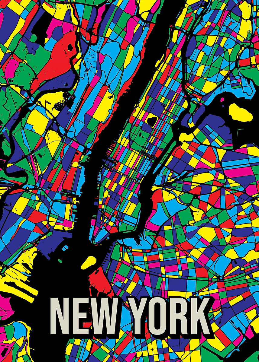 'New York Colorful City Map' Poster, picture, metal print, paint by ...