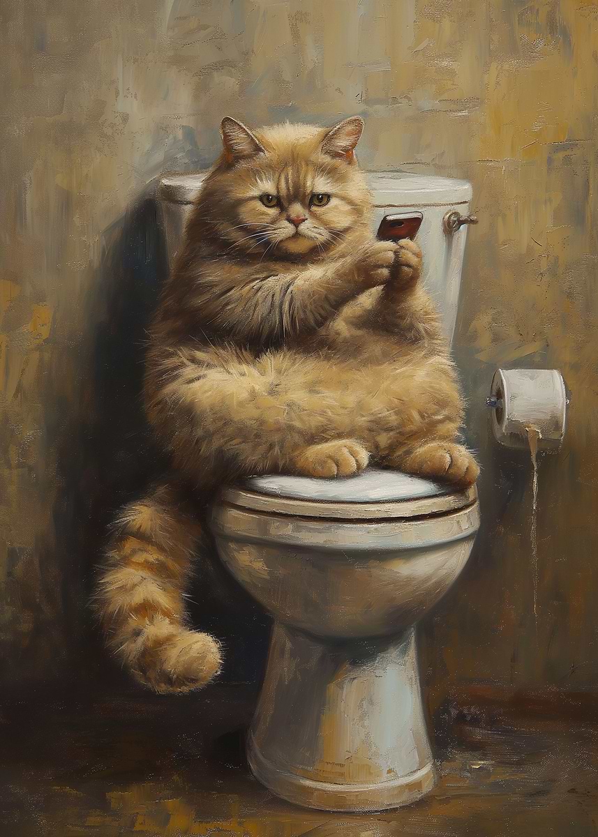 'Funny Fat Cat Toilet Phone' Poster, picture, metal print, paint by ...
