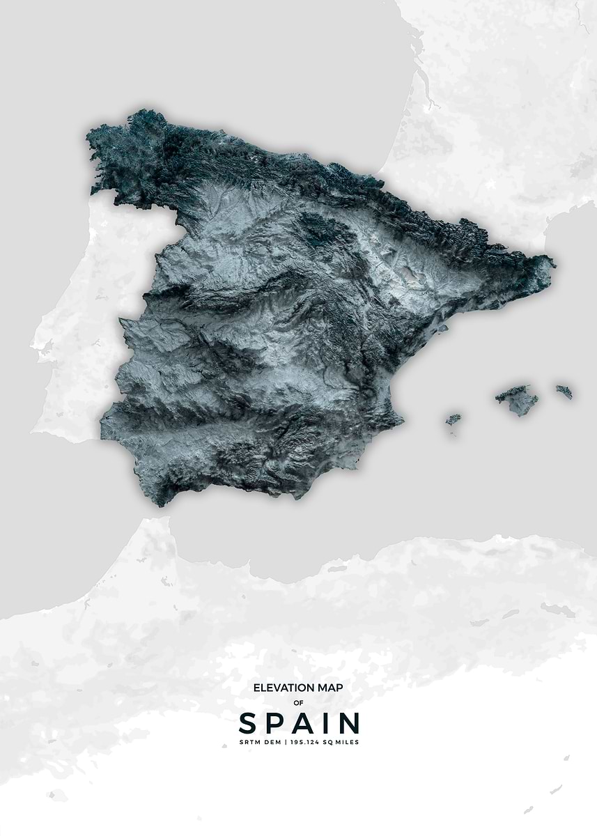 'Spain Elevation Relief Map' Poster, picture, metal print, paint by ...