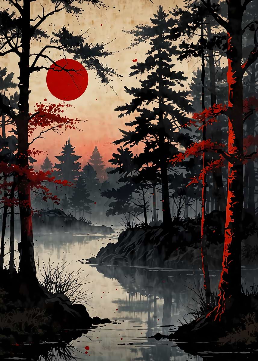 'Misty Red Moon' Poster, picture, metal print, paint by ...