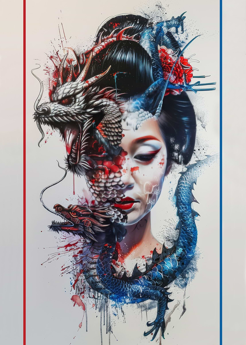 'Geisha dragon 3' Poster, picture, metal print, paint by Japanese ...
