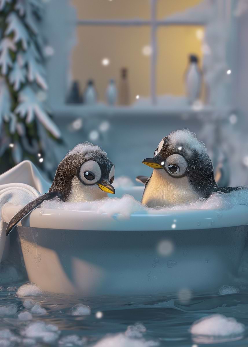 'Penguins Bath Washing Cute' Poster, picture, metal print, paint by ...