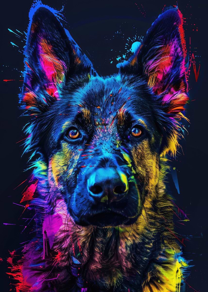 'Neon German Shepherd' Poster, picture, metal print, paint by TESSERACT ...