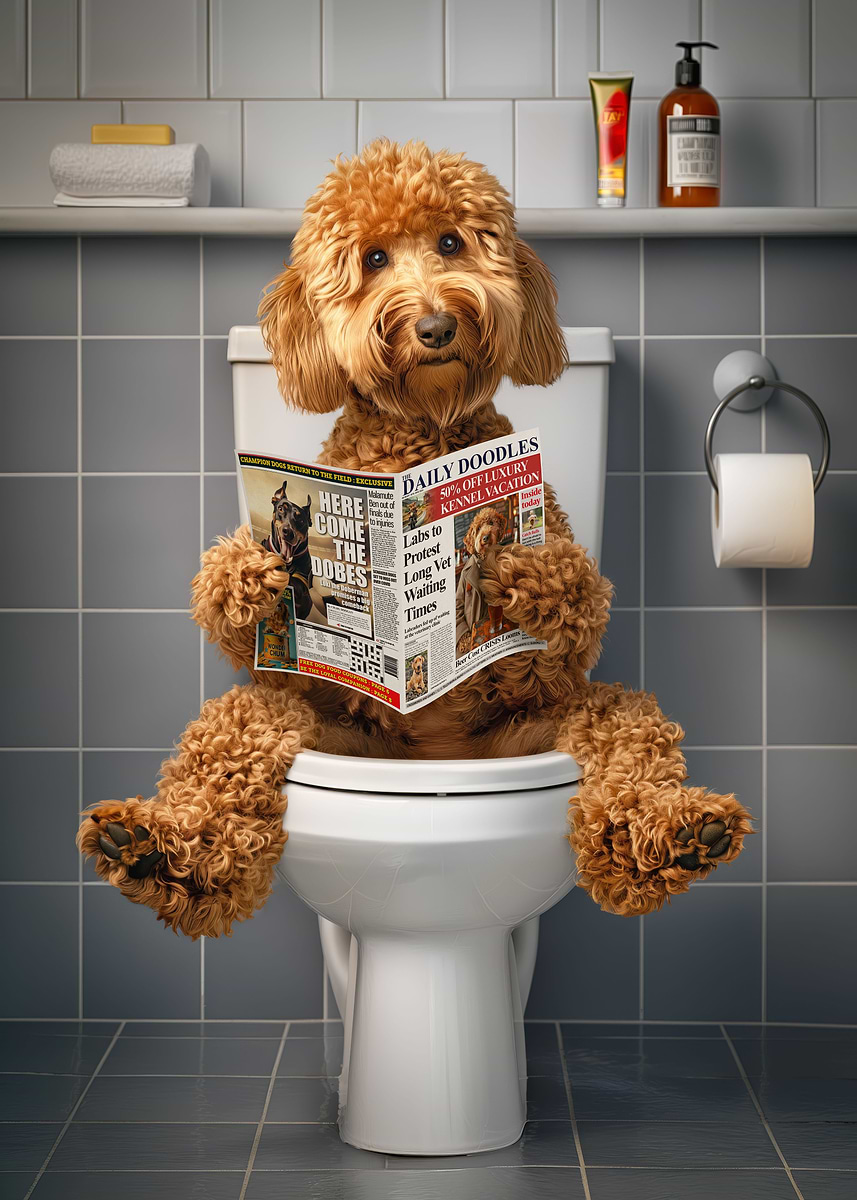 'Goldendoodle on the Toilet' Poster, picture, metal print, paint by ...
