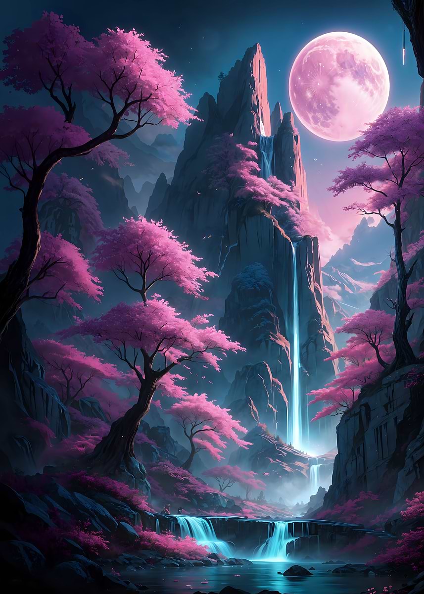 'Pink Trees and Waterfall' Poster, picture, metal print, paint by The ...