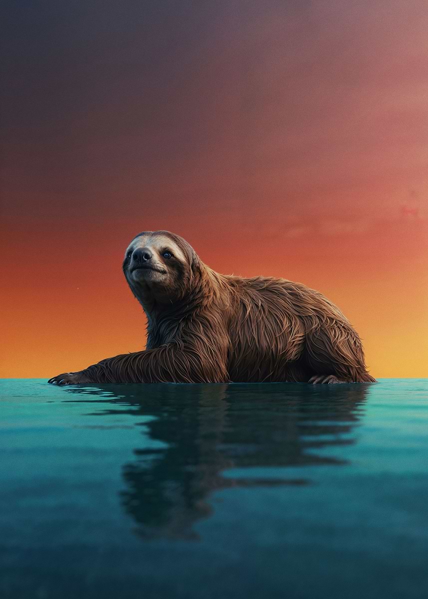 'Serene Sloth at Sunset' Poster, picture, metal print, paint by ...