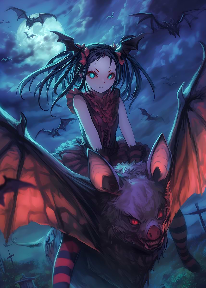 'Moonlight Bat Anime Girl' Poster, picture, metal print, paint by ...