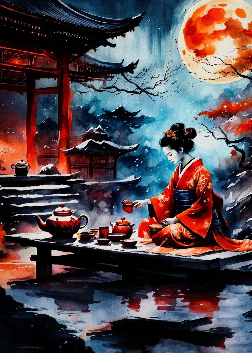 'japanese red moon geisha' Poster, picture, metal print, paint by Peter ...