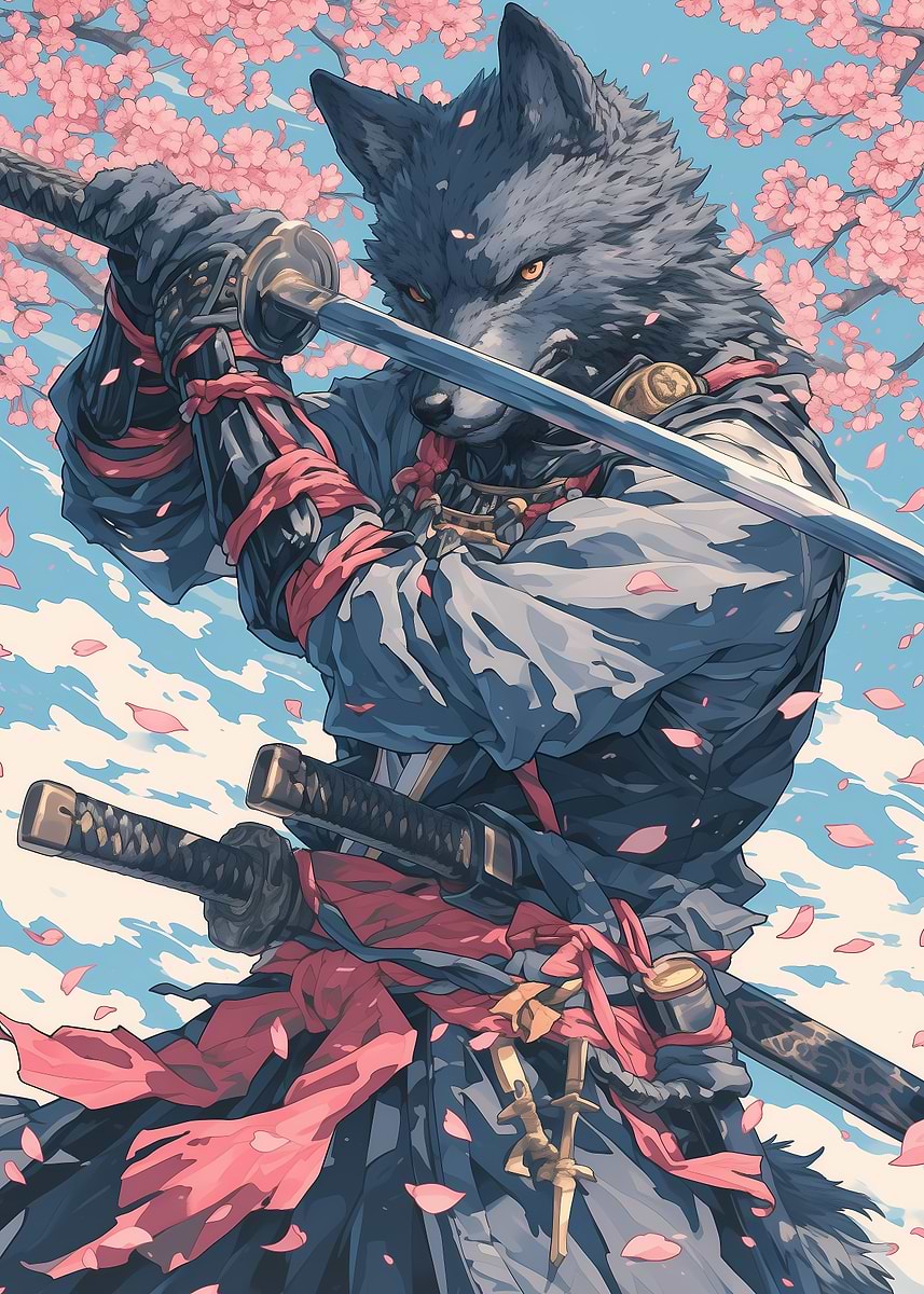 'Samurai Wolf Under Sakura' Poster, picture, metal print, paint by ...