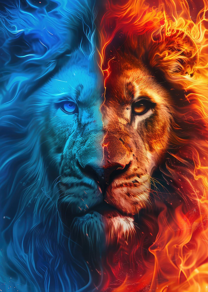 'Fire And Ice Lion' Poster, picture, metal print, paint by TESSERACT ...
