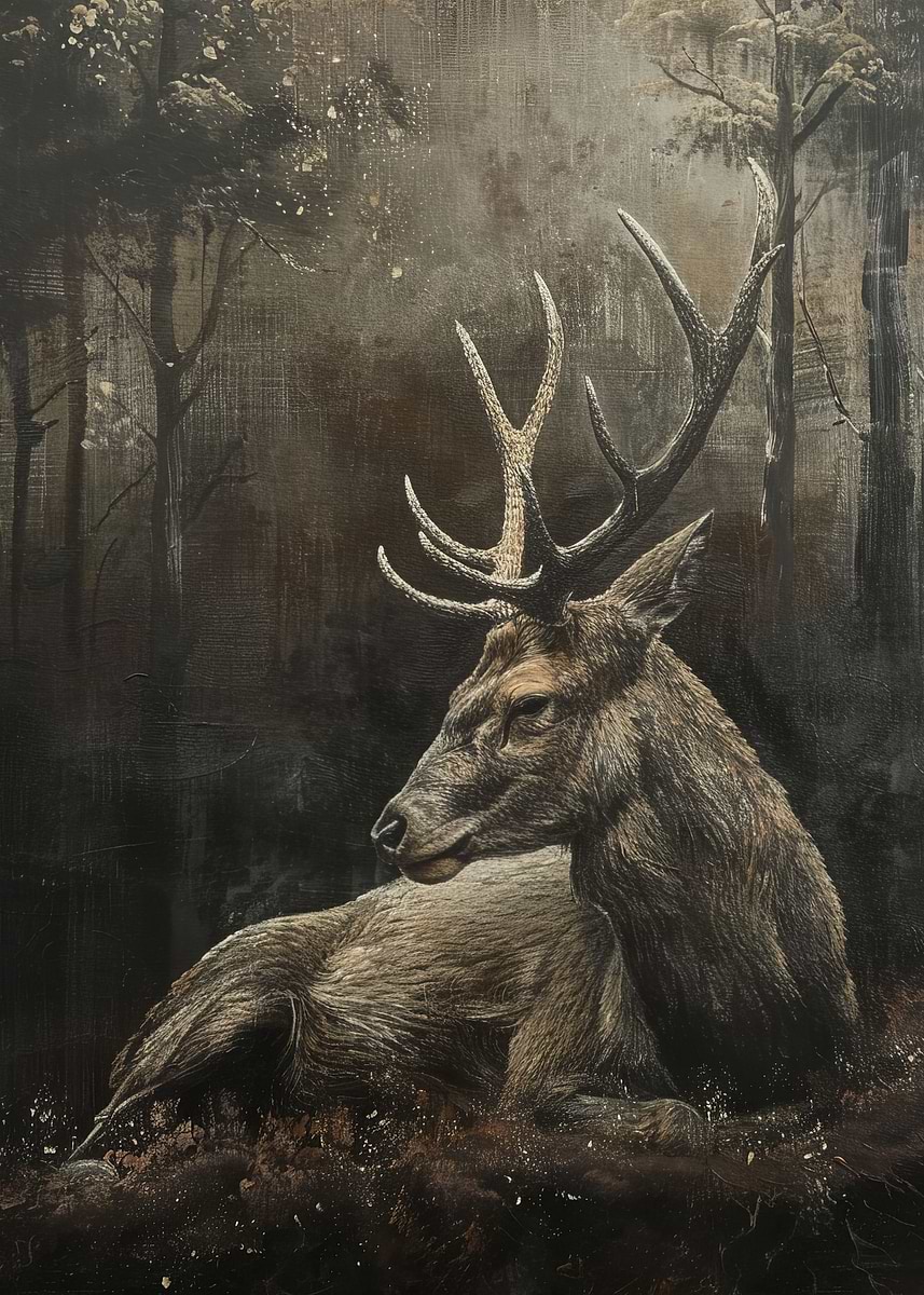'Stag in Mystical Forest' Poster, picture, metal print, paint by ...