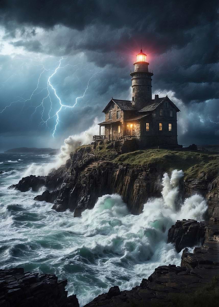 'Lighthouse Lightning Storm' Poster, picture, metal print, paint by LP ...