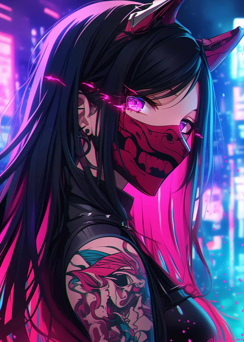 'Neon Oni Cybergirl' Poster, picture, metal print, paint by Bailey ...
