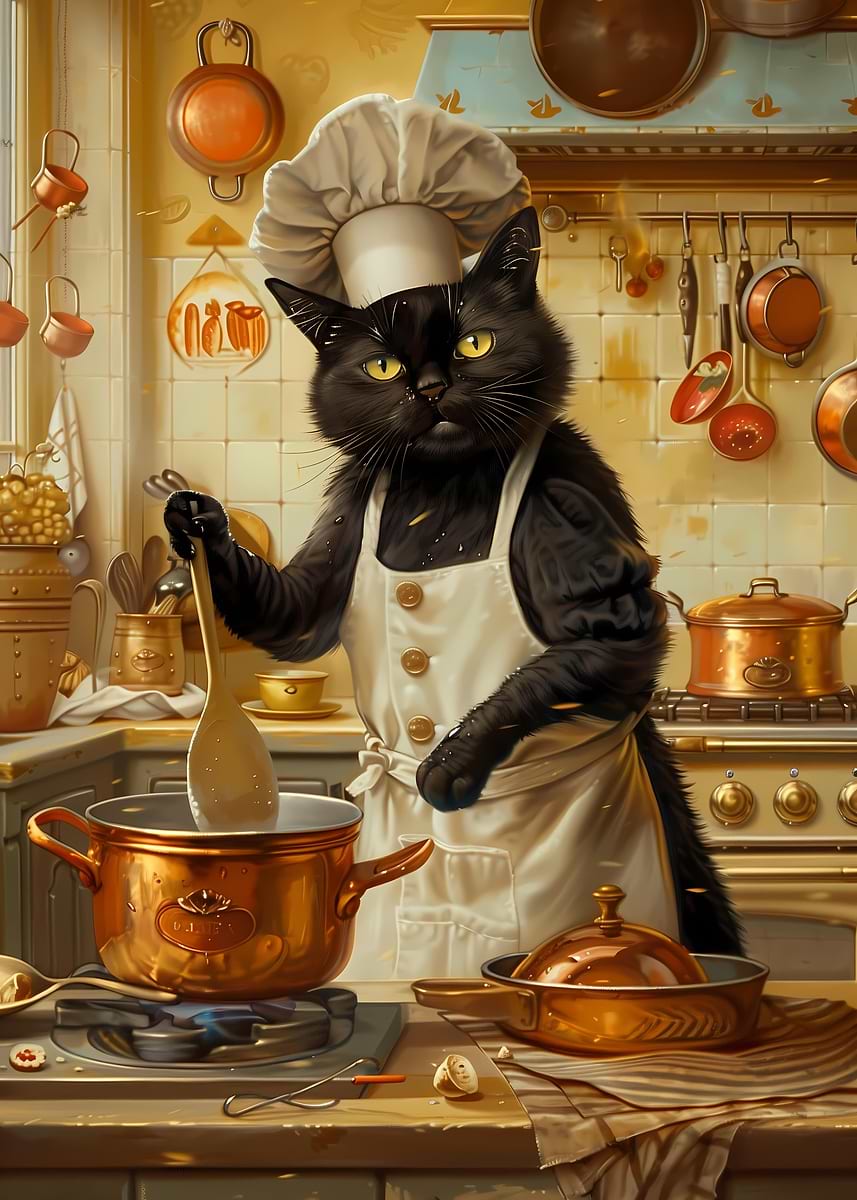 'Cooking Cat' Poster, picture, metal print, paint by Mari | Displate