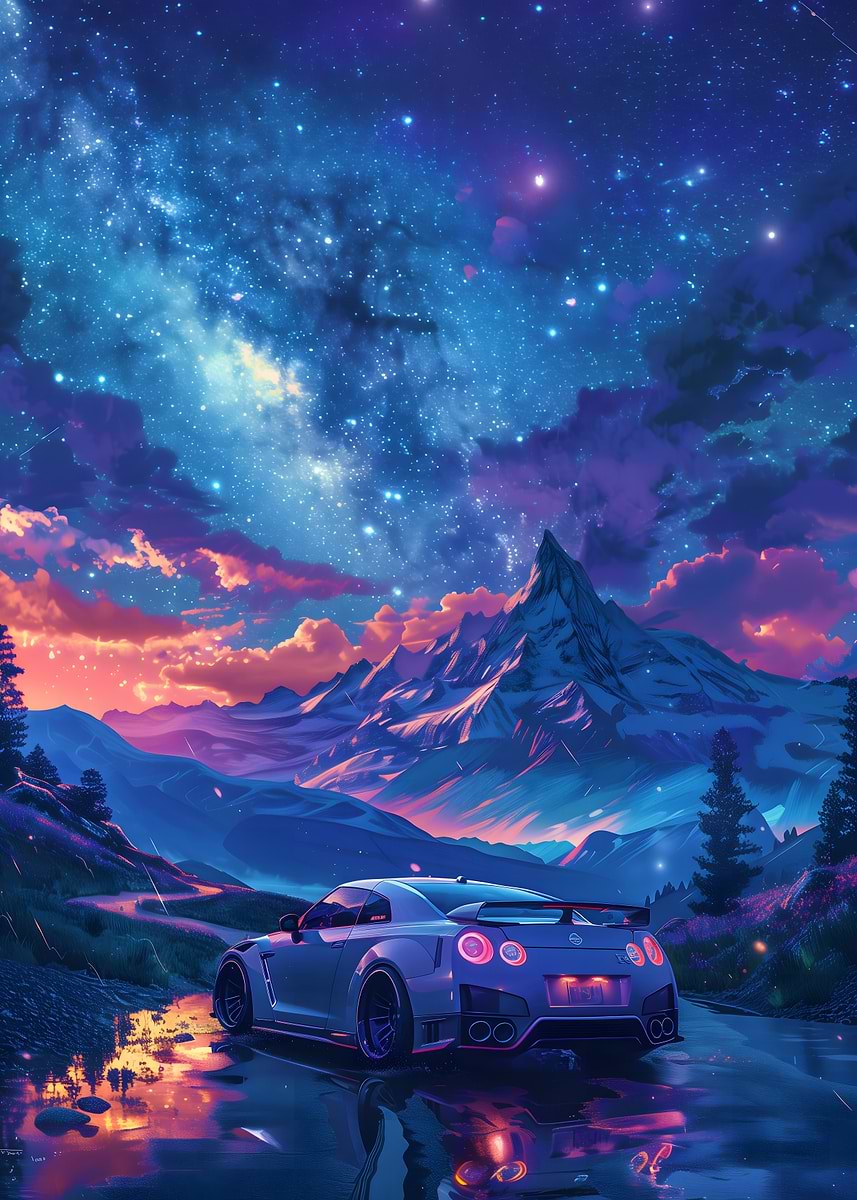 'Nissan R35 neon Galaxy car' Poster, picture, metal print, paint by ...