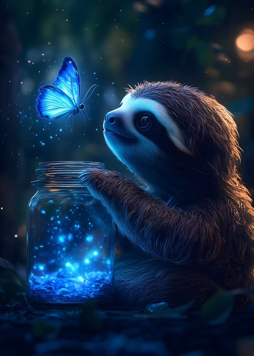 'Glowing Butterfly Sloth' Poster, picture, metal print, paint by Dennex ...