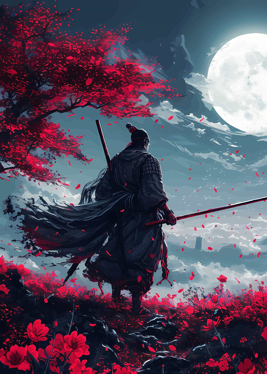 'Samurai Moon' Poster, picture, metal print, paint by john Boss | Displate