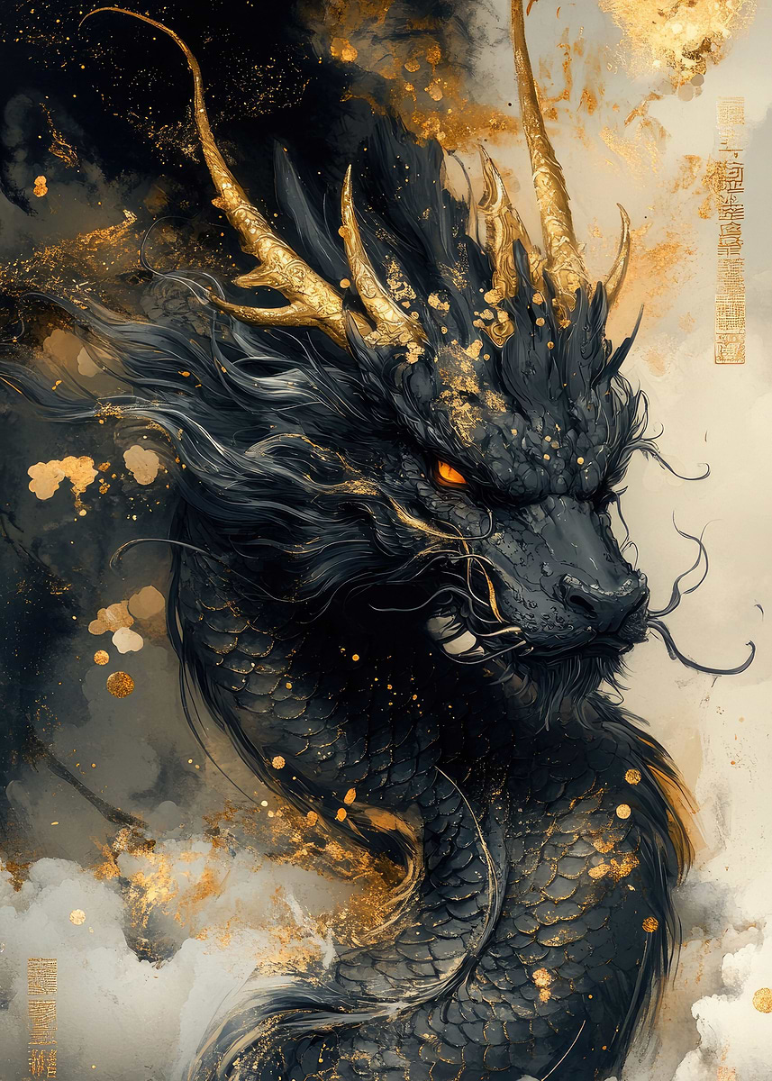 'Black And Gold Dragon' Poster, picture, metal print, paint by ...