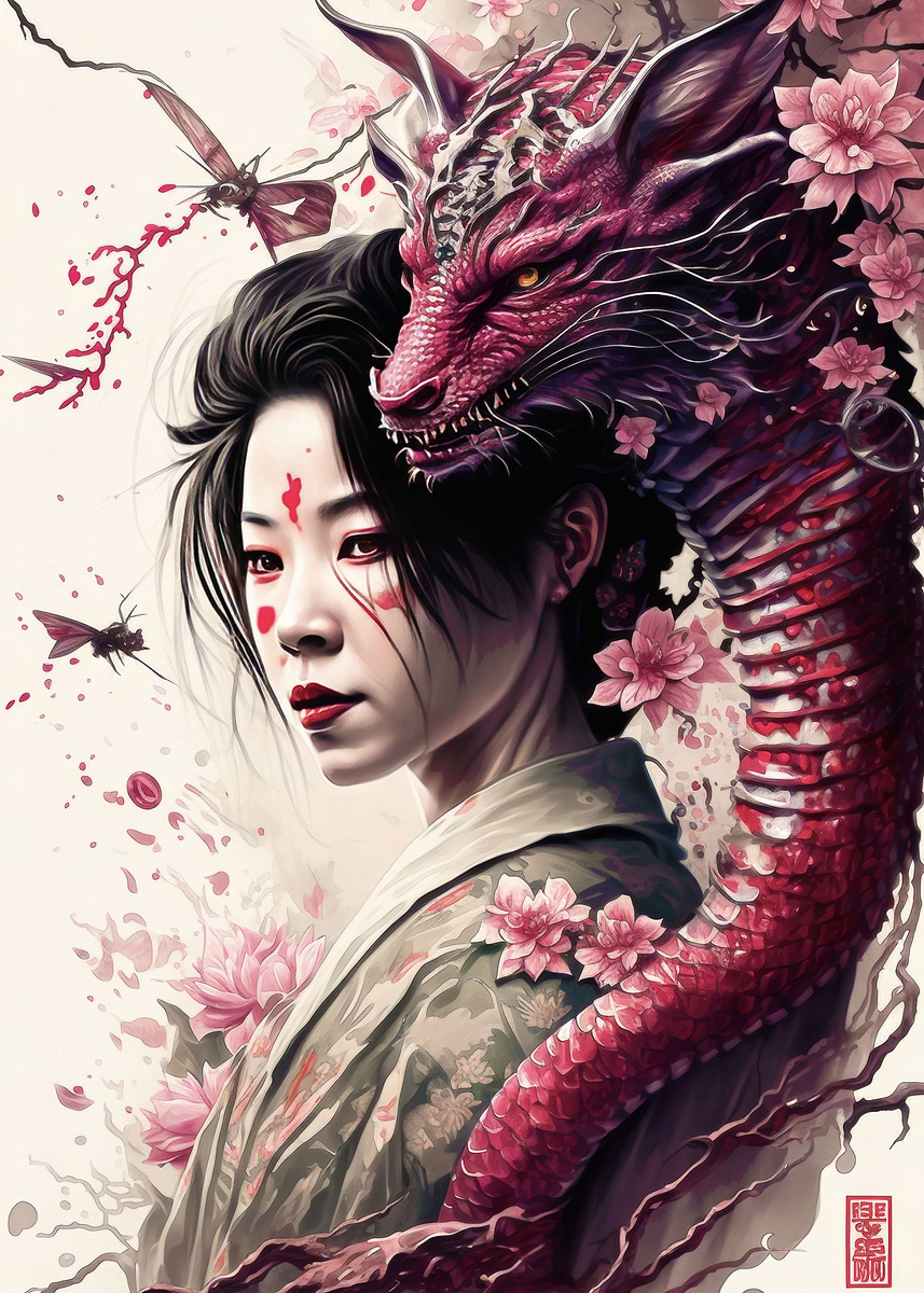 'Geisha dragon' Poster, picture, metal print, paint by Graphic Japanese ...