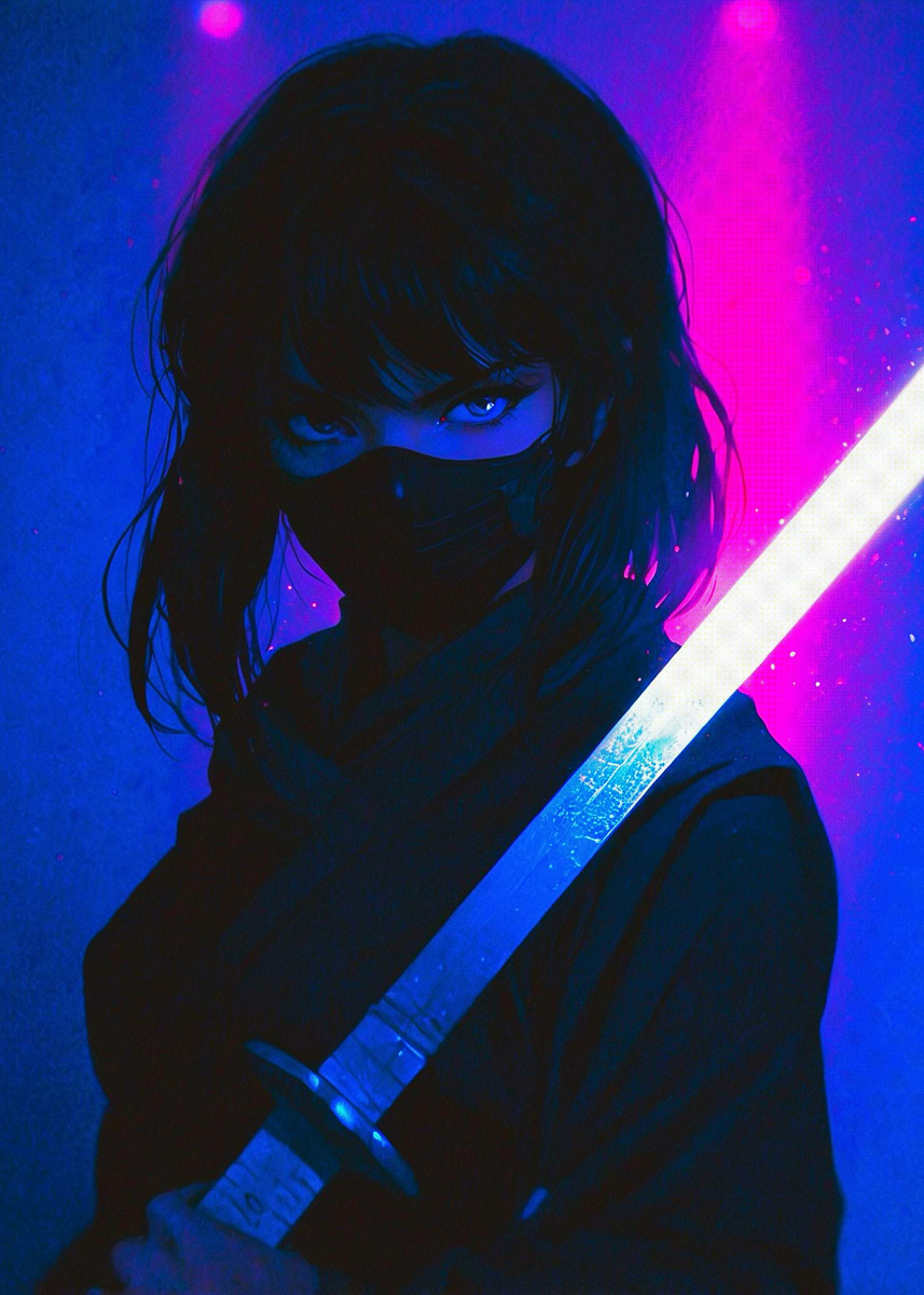 'Ninja Girl Neon' Poster, picture, metal print, paint by Savika | Displate