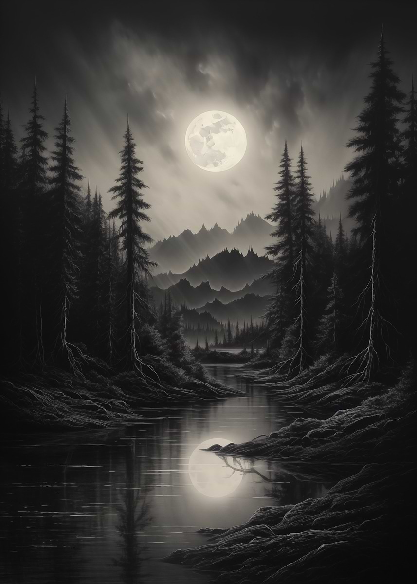 'Full Moon Forest At Night' Poster, picture, metal print, paint by ...