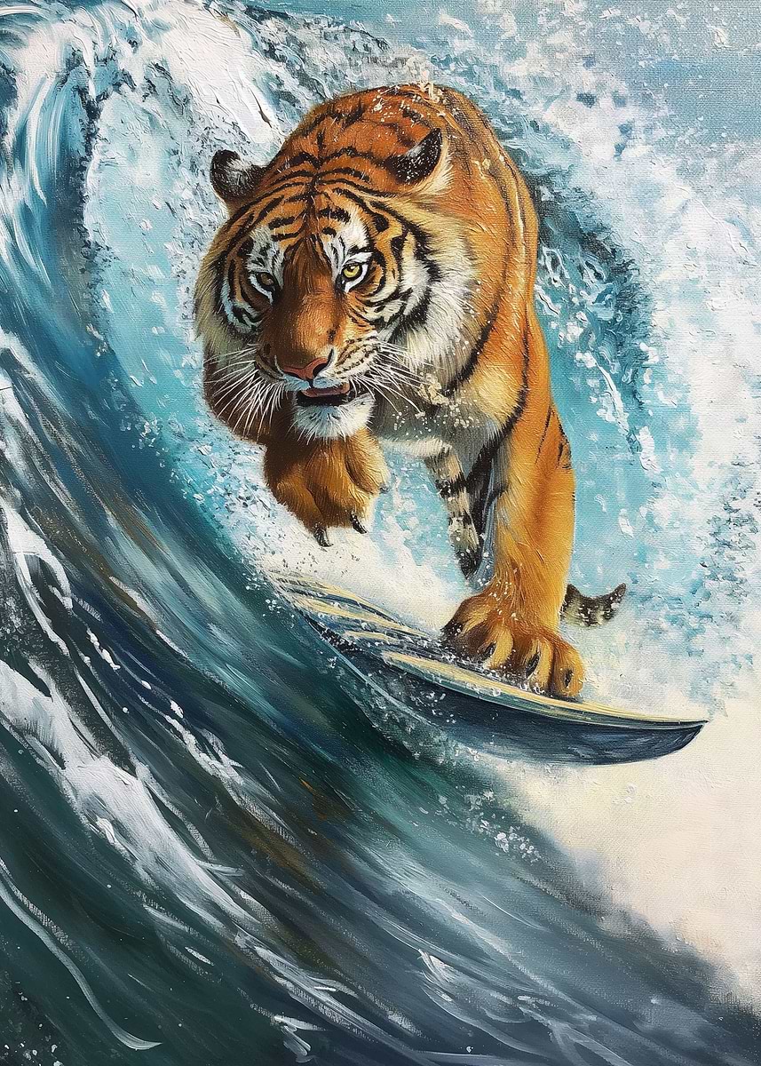 'Surfing Tiger Surfer Wave' Poster, picture, metal print, paint by Zenz ...
