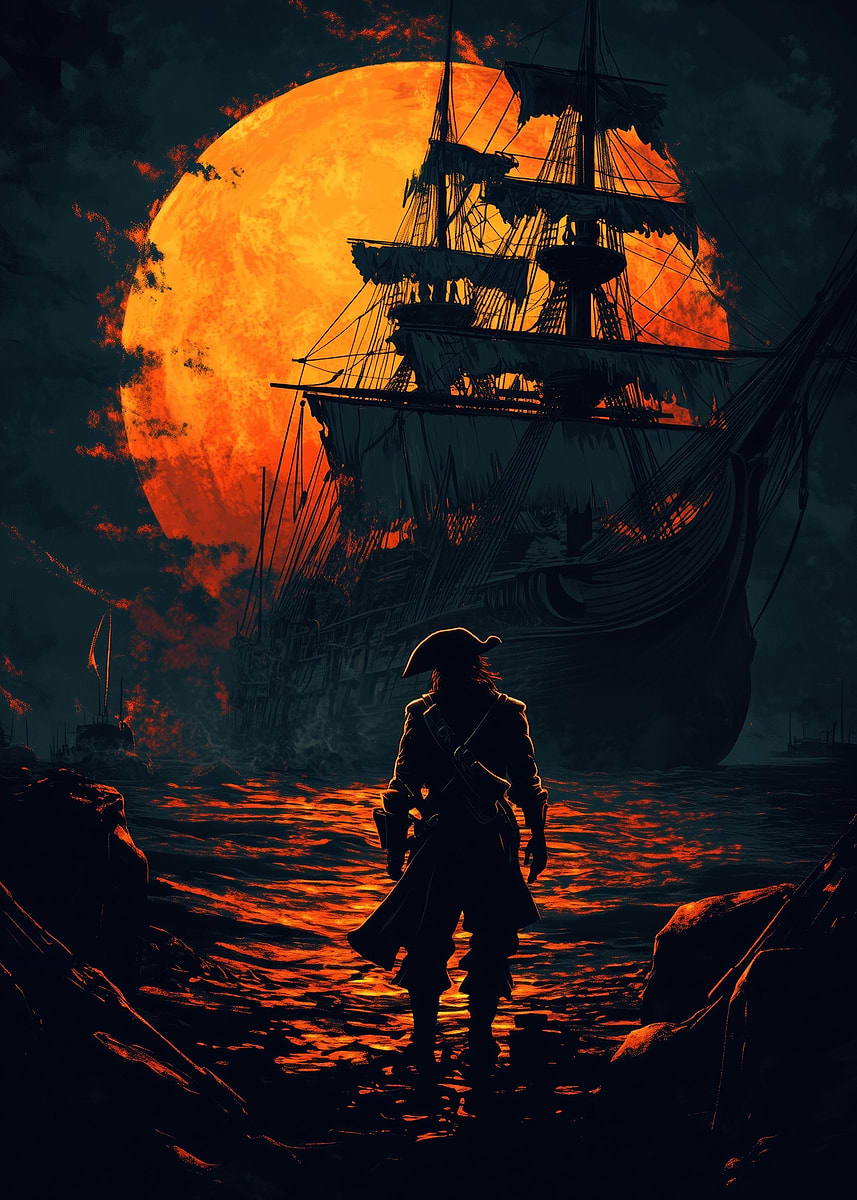 'pirate sunset and boat' Poster, picture, metal print, paint by ...