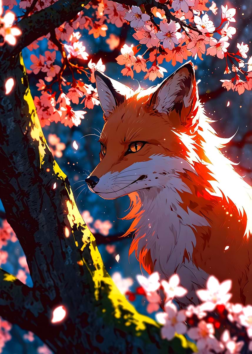 'Furious Fox Cherry Blossom' Poster, picture, metal print, paint by ...
