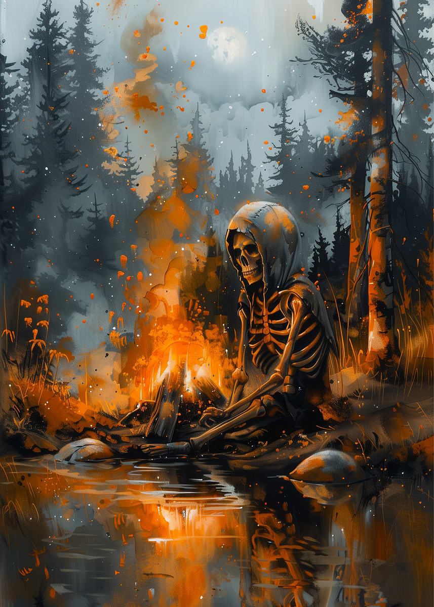 'Skeleton by the Fire' Poster, picture, metal print, paint by ...