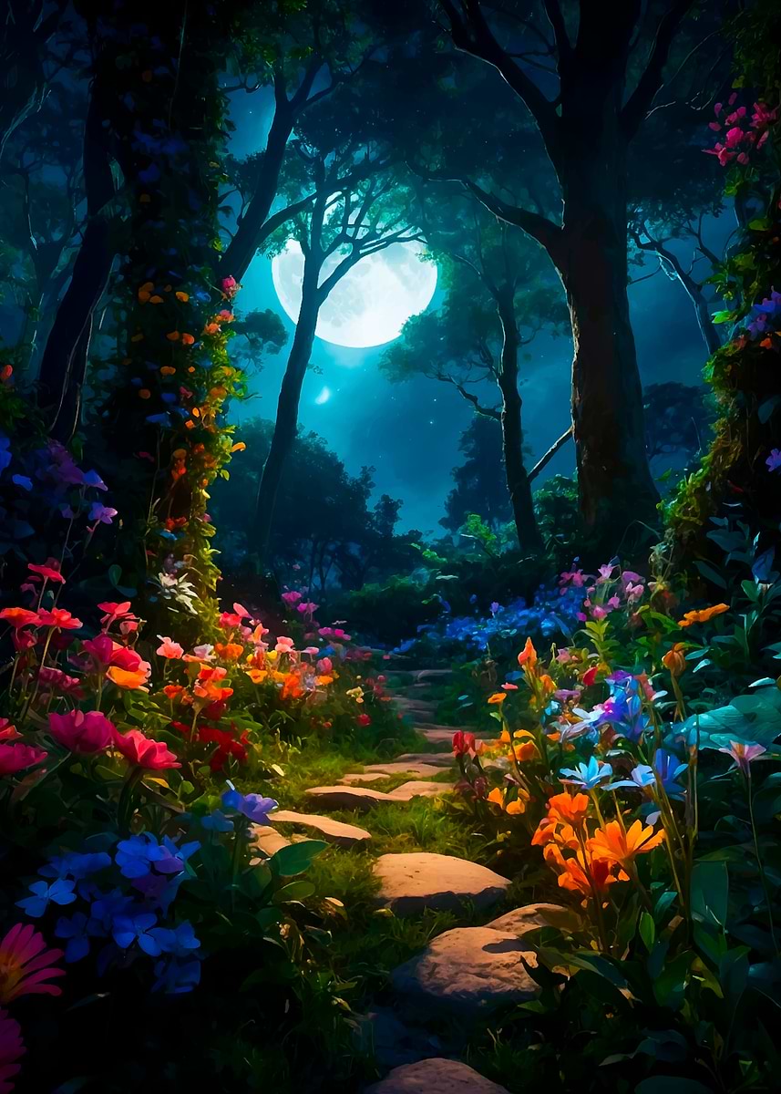 'Enchanted Moonlight Forest' Poster, picture, metal print, paint by ...