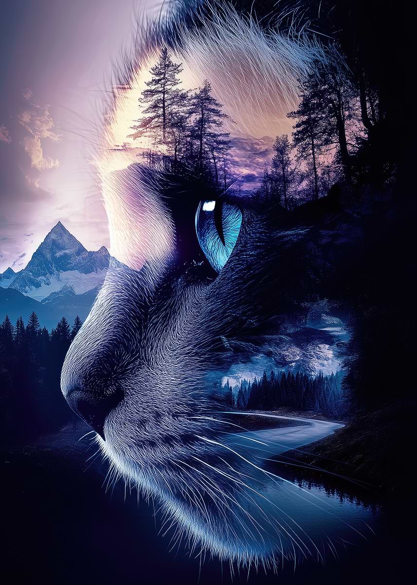 'Cat And Mountain Landscape' Poster, picture, metal print, paint by ...