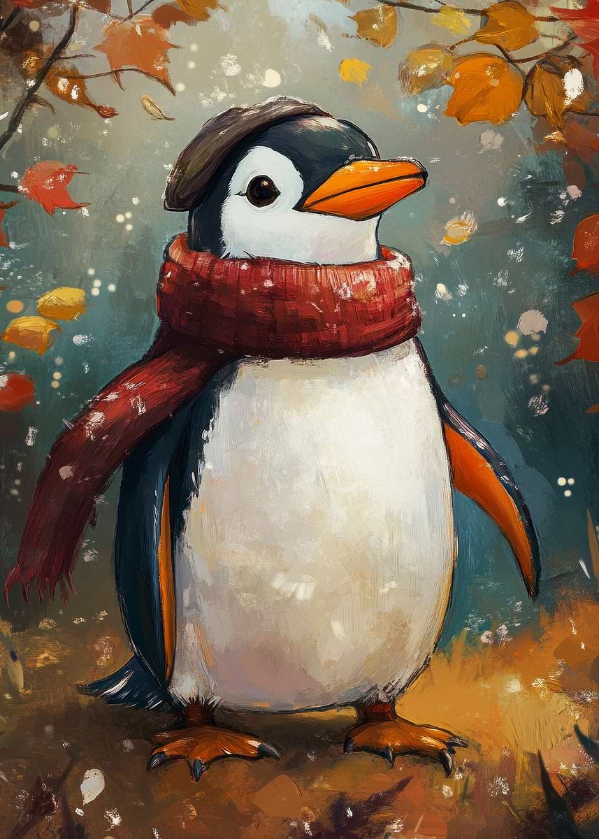 'Cozy Penguin in Autumn' Poster, picture, metal print, paint by Usama ...