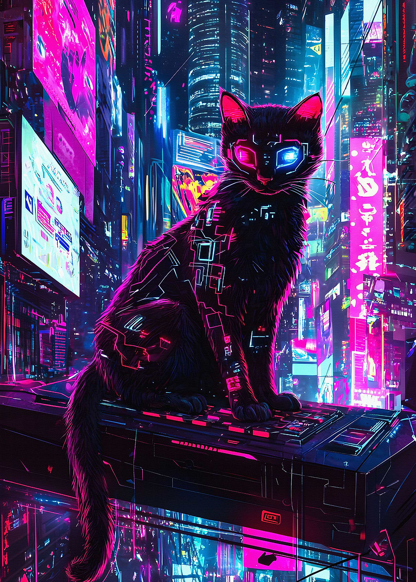 'Cyberpunk Cat Gaming' Poster, picture, metal print, paint by Michael I ...