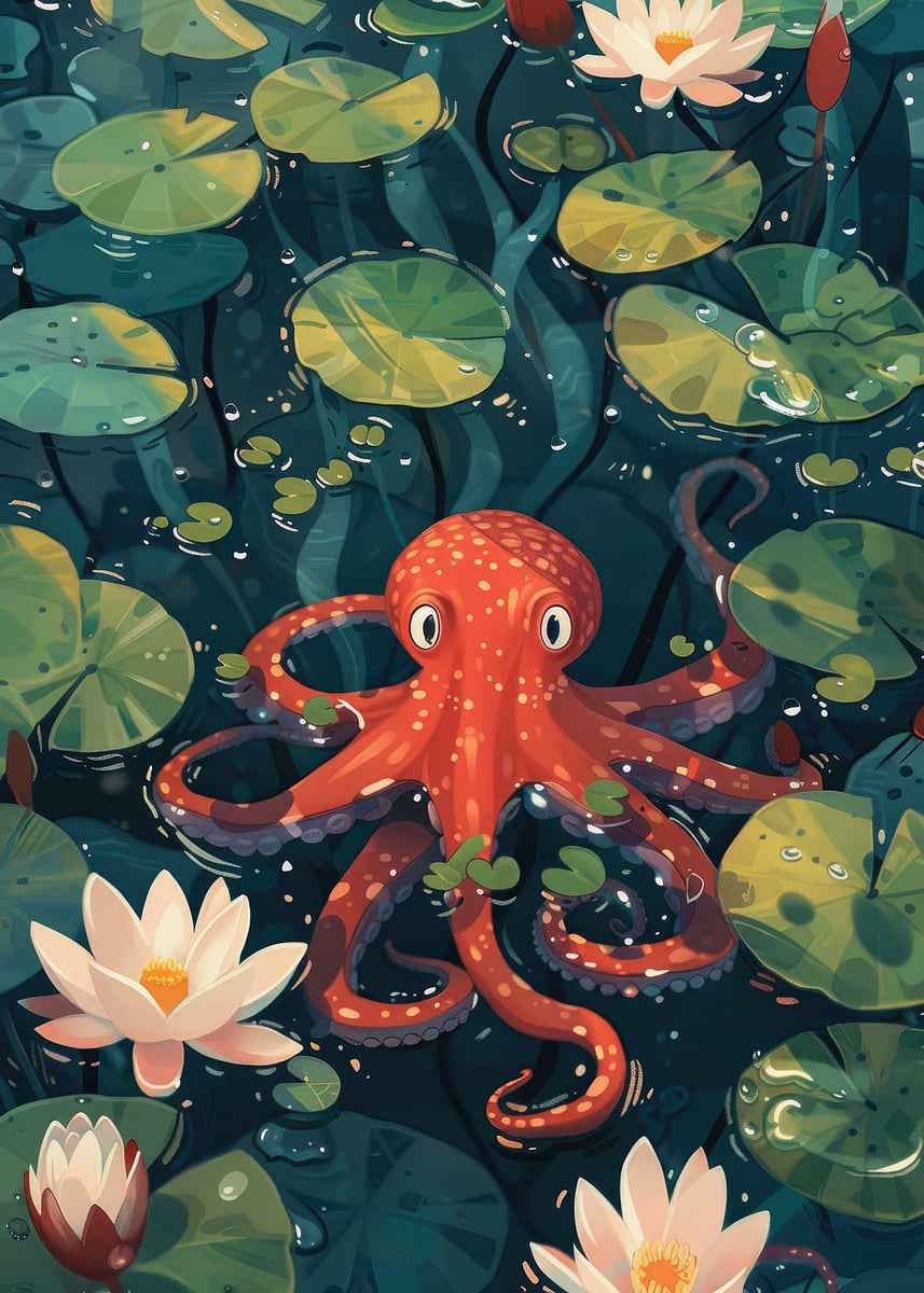 'Cute Octopus in Lily Pond' Poster, picture, metal print, paint by ...