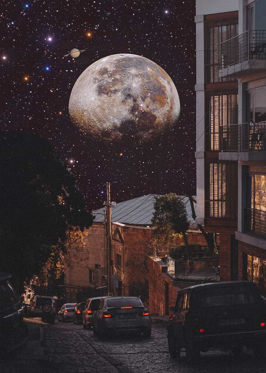 'Giant Moon Over City Street' Poster, picture, metal print, paint by ...