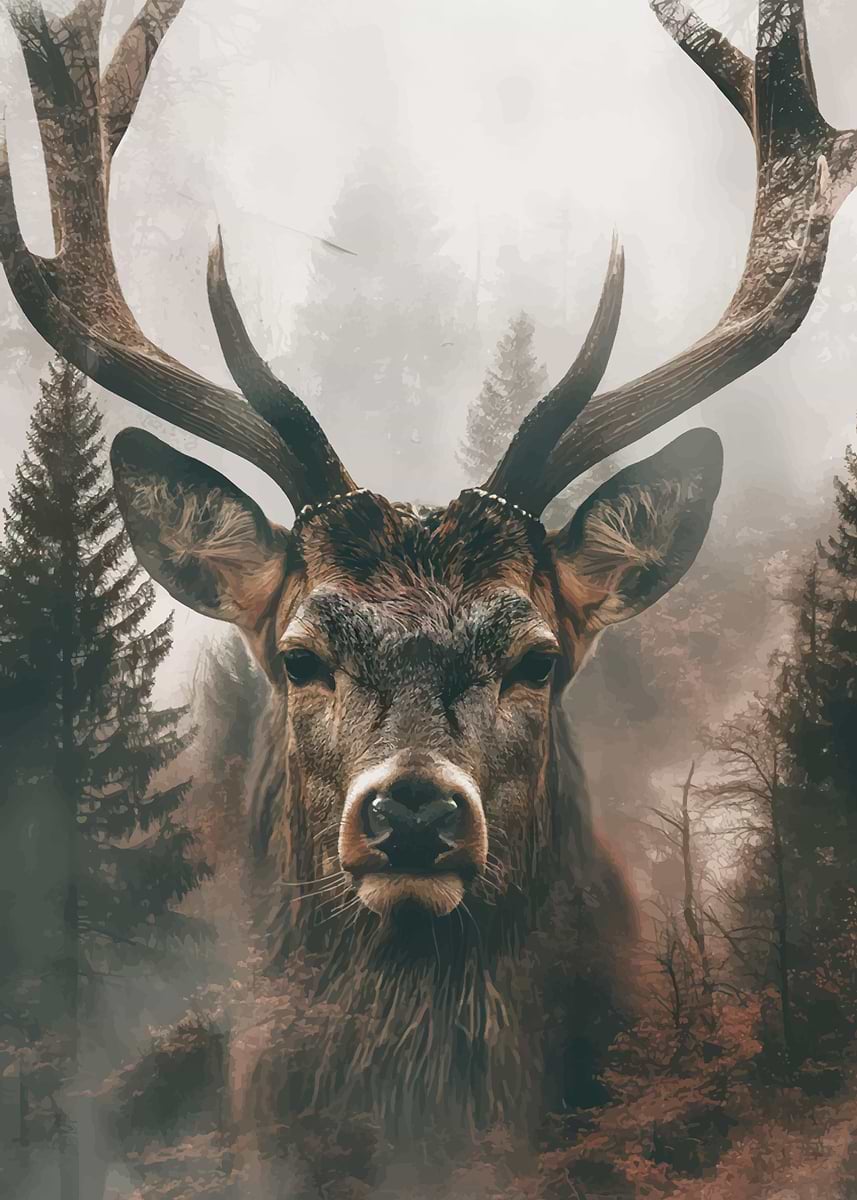 'Deer in Foggy Forest' Poster, picture, metal print, paint by Aksara ...