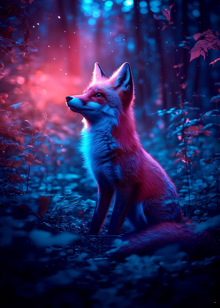 'Neon Fox in Fantasy Forest' Poster, picture, metal print, paint by ...