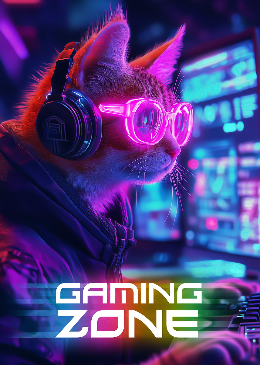 'Gamer Cat with Neon Glasses - Gaming Zone' Poster, picture, metal ...