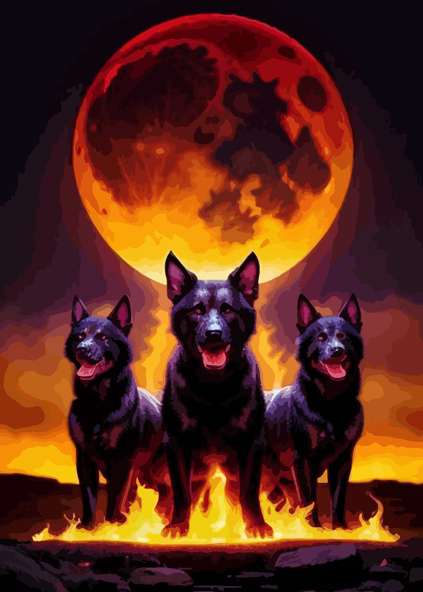 'Three Dogs and a Blood Moon' Poster, picture, metal print, paint by ...