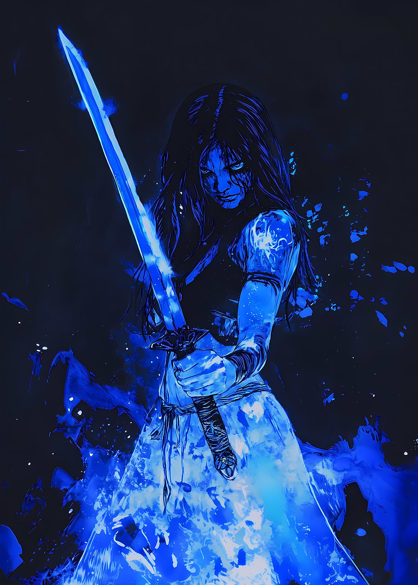 'Blue Flame Anime Demon Warrior Girl' Poster, picture, metal print ...