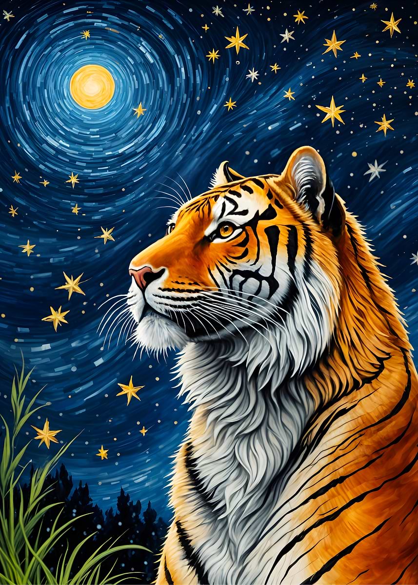 'Tiger Starry Night' Poster, picture, metal print, paint by Yushiroe ...