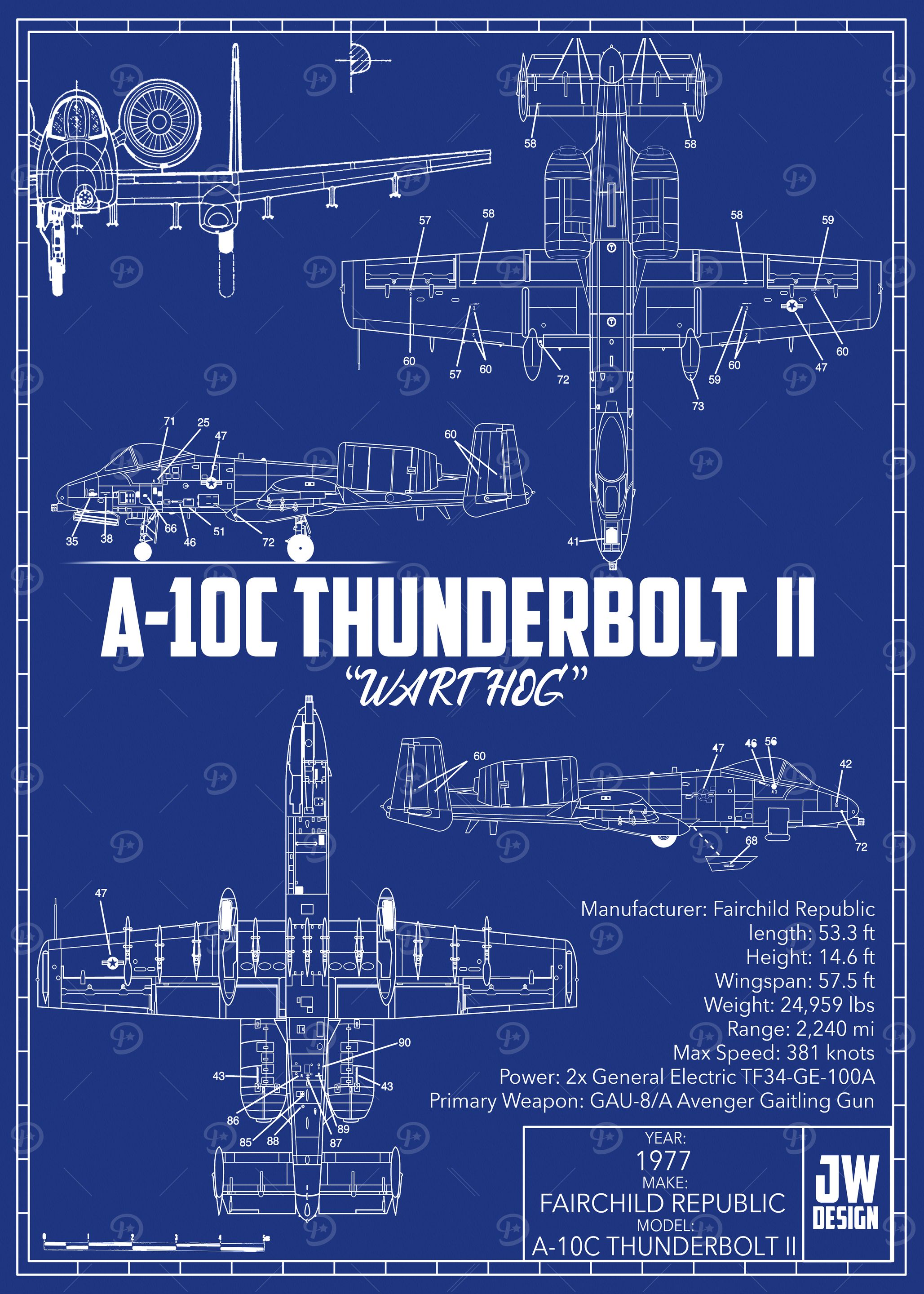'A-10C Thunderbolt II Blueprint' Poster, picture, metal print, paint by ...