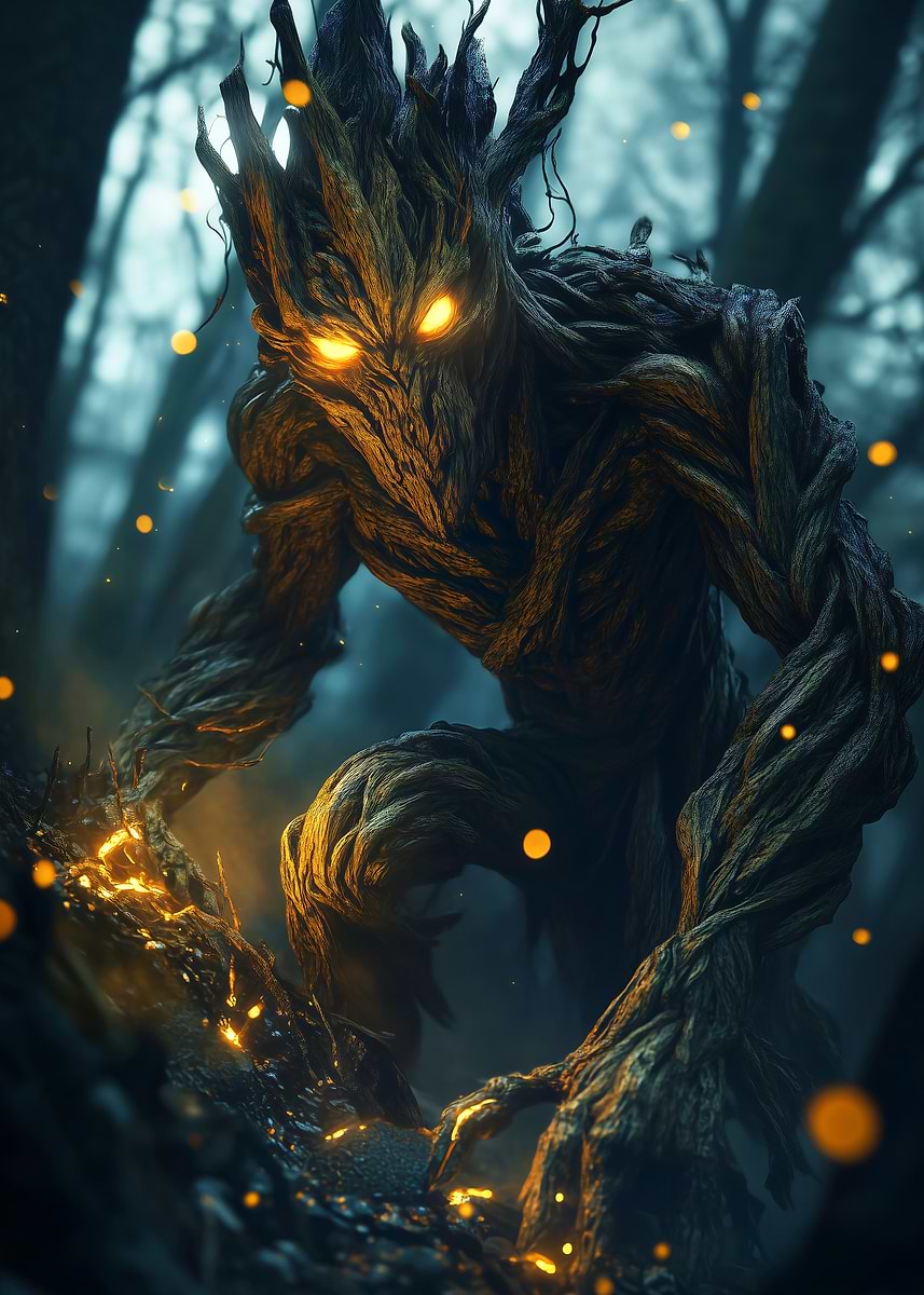 'Tree Creature with Glowing Eyes' Poster, picture, metal print, paint ...