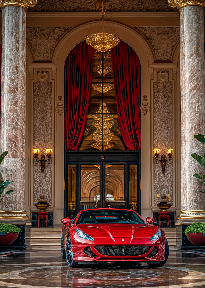 'Red Ferrari in Grand Lobby' Poster, picture, metal print, paint by ...