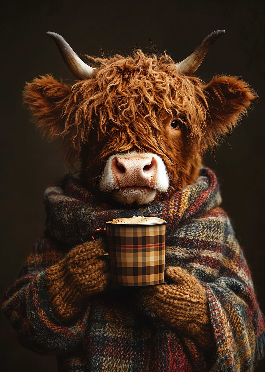 'Highland Cow with Hot Coffee ' Poster, picture, metal print, paint by ...